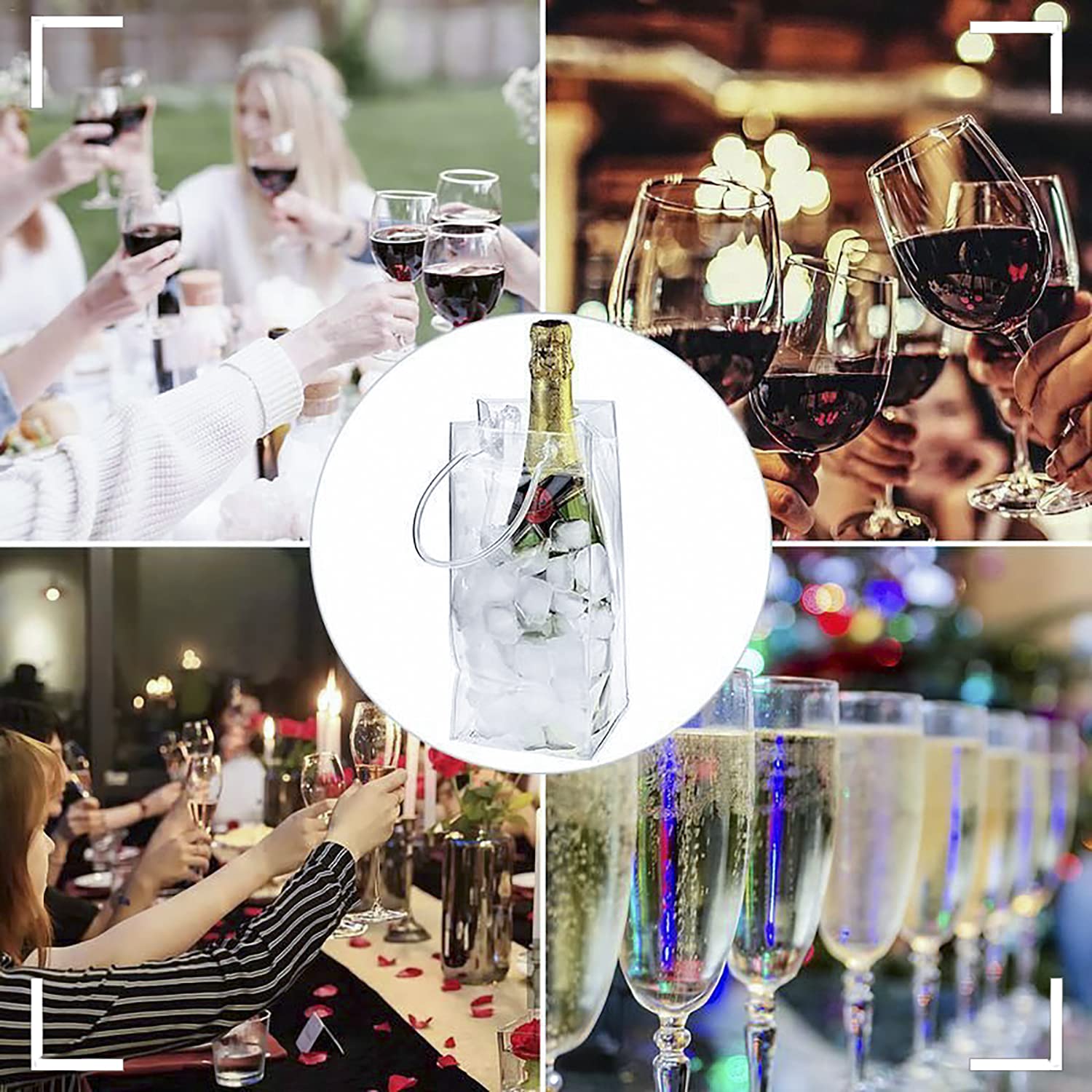 OBPSFY 10 Pieces Ice Wine Bag, Clear Portable Collapsible Wine Cooler Bags with Handle, PVC Wine Pouch Bags for Champagne Cold Beer White Wine Chilled Beverages