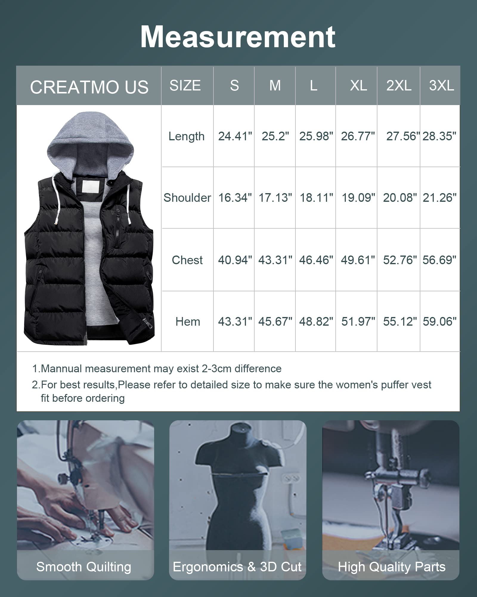 CREATMO US Women's Warm Winter Vest Thick Padded Puffer Vest Waistcoat With Detachable Hood Black L