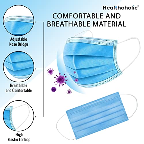 Healthoholic Blue Disposable Face Masks [Bulk Pack of 2000 Pcs, 40 Boxes of 50pcs/Box] Non-Woven, Breathable, Disposable 3-ply Protective Earloop Face Masks