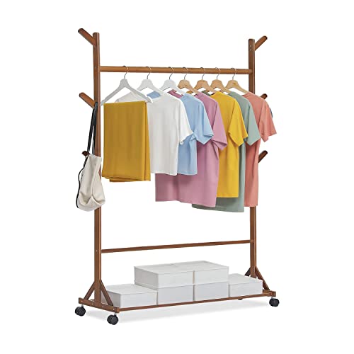MoNiBloom Garment Racks with Wheels, Bamboo 2-in-1 Free-Standing Rolling Garment Rack Closet Organizer with Bottom Storage Shelf with 6 Hooks for Bedroom Entryway Office, Brown