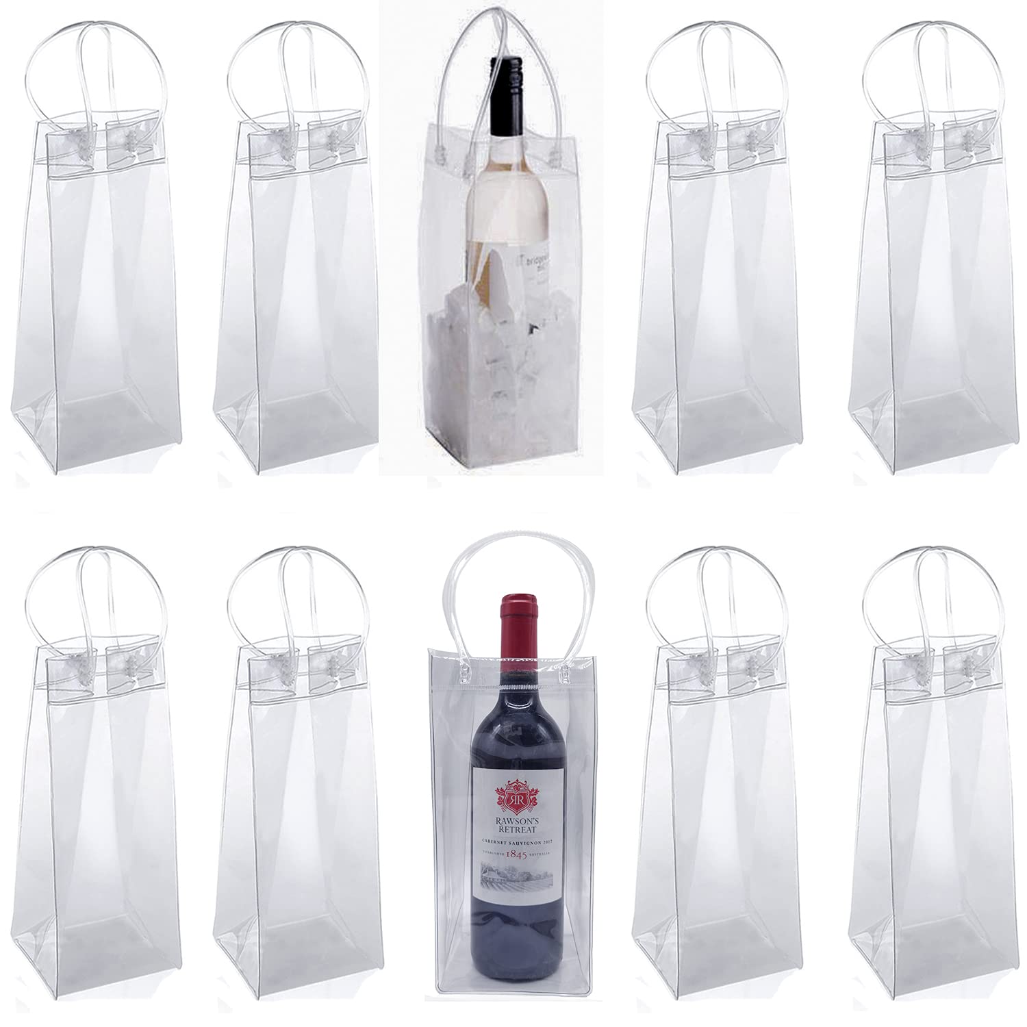 OBPSFY 10 Pieces Ice Wine Bag, Clear Portable Collapsible Wine Cooler Bags with Handle, PVC Wine Pouch Bags for Champagne Cold Beer White Wine Chilled Beverages