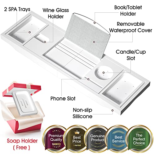 Artmalle Luxury Bathtub Caddy Tray - Bamboo Expandable Bath Tray for Tub with Book Stand, Foldable Bath Table Tray, Tub Shelf for Bathtub for Adults, Home Spa and Gift Choice, White