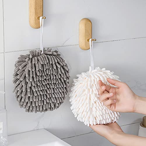 Aesackir 2 Packs Fuzzy Ball Towel,Hanging Bathroom HandTowels,Monochrome Chenille Fluffy Microfiber Decorative Ball Towel,Quick Dry Plush Absorbent Towels,Kitchen Hand Towels for Washstand