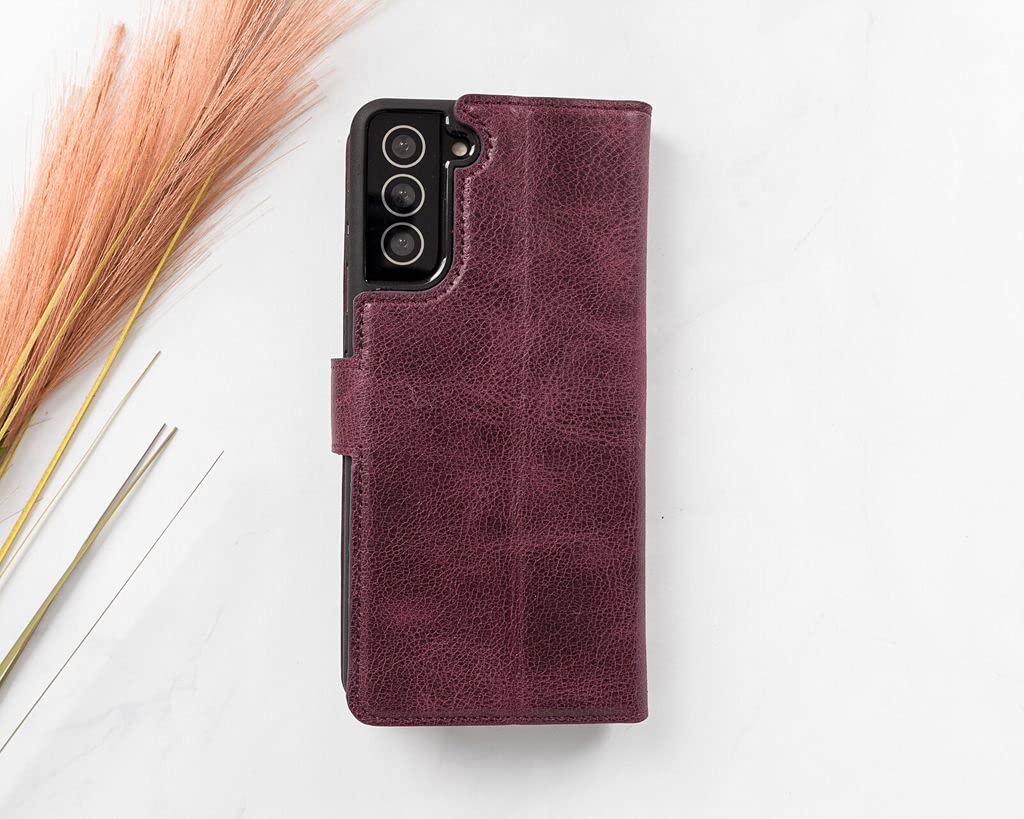 HARDISTON Wallet Case Compatible with Samsung Galaxy S21 Ultra, Handmade Genuine Leather, Detachable Magnetic Flip Cover with Card Holders, Horizontal Kickstand (Purple)