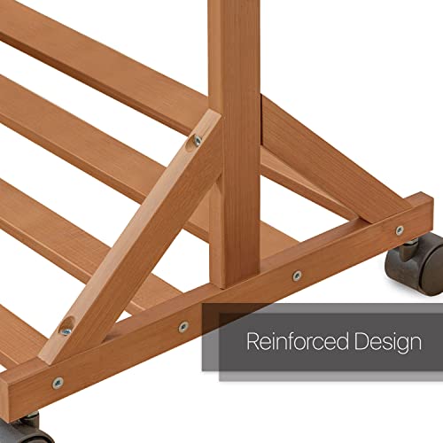 MoNiBloom Garment Racks with Wheels, Bamboo 2-in-1 Free-Standing Rolling Garment Rack Closet Organizer with Bottom Storage Shelf with 6 Hooks for Bedroom Entryway Office, Brown