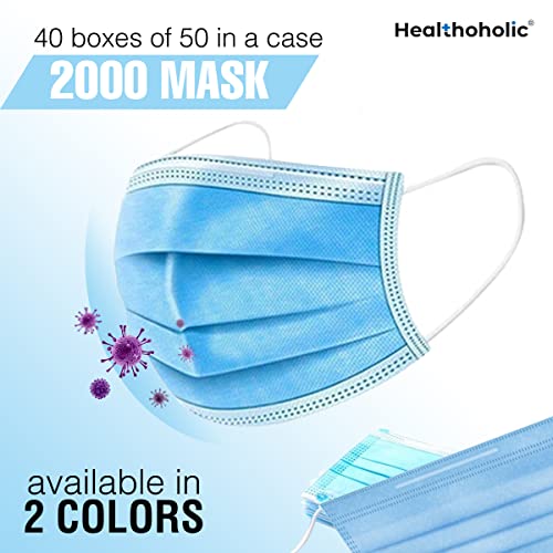 Healthoholic Blue Disposable Face Masks [Bulk Pack of 2000 Pcs, 40 Boxes of 50pcs/Box] Non-Woven, Breathable, Disposable 3-ply Protective Earloop Face Masks