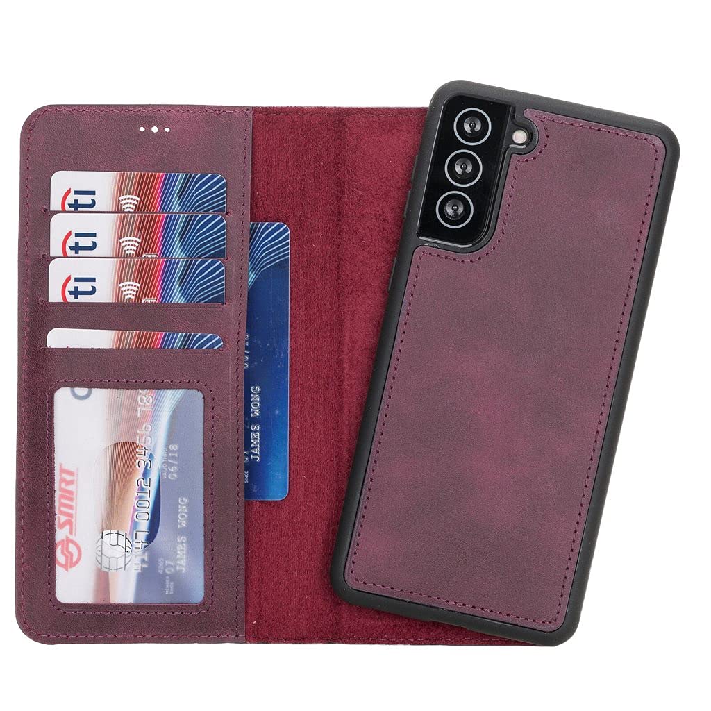 HARDISTON Wallet Case Compatible with Samsung Galaxy S21 Ultra, Handmade Genuine Leather, Detachable Magnetic Flip Cover with Card Holders, Horizontal Kickstand (Purple)