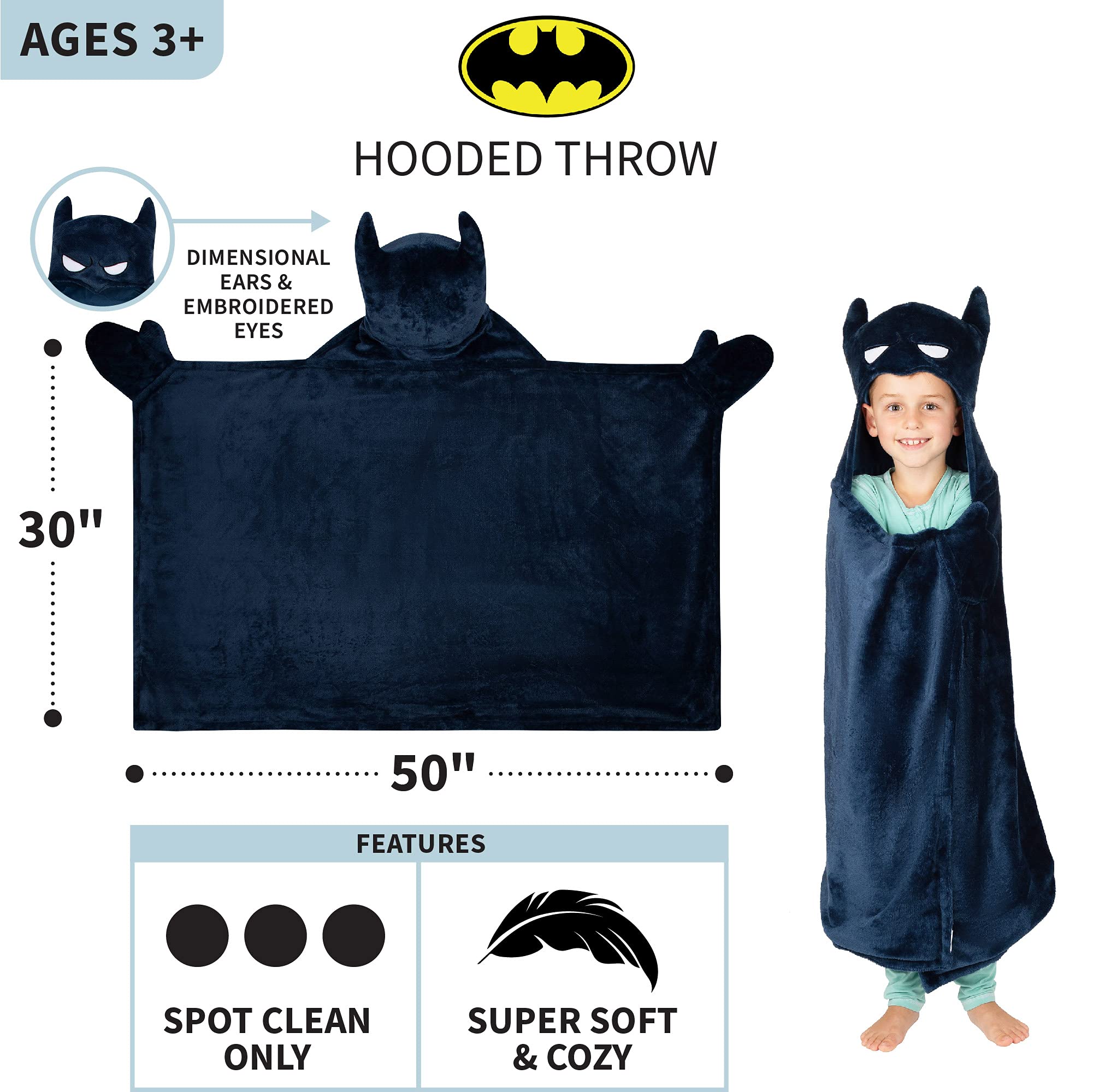 Franco Kids Bedding Super Soft and Cozy Wearable Hooded Throw, 30 in x 50 in, Batman