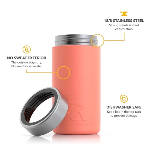 RTIC Craft Can Cooler Insulated, Beer, Beverage, Bottle, Soda Can Cooler with Lid, Stainless Steel Metal, Double Wall Insulation Coozie for Cans, Sweat Proof, Coral, 16 oz
