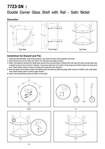 MODONA Double Corner Glass Shelf with Pre-Installed Rail - Satin Nickel - Oval Series - 5 Year Warrantee