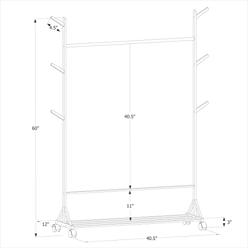 MoNiBloom Garment Racks with Wheels, Bamboo 2-in-1 Free-Standing Rolling Garment Rack Closet Organizer with Bottom Storage Shelf with 6 Hooks for Bedroom Entryway Office, Brown