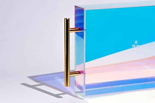 Iridescent Acrylic Bathroom Tray, Vanity Serving Tray with Gold Handle, Home Decor, Tray for Bathroom Countertop, Cosmetic Organizer, Glass Tray for Vanity, Bedroom Counter Tray