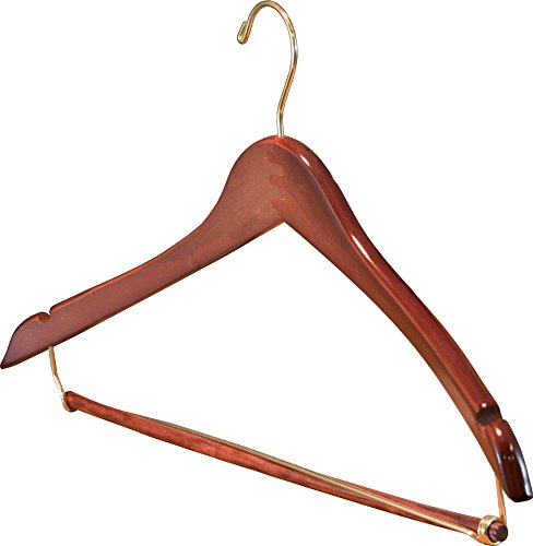 Wooden Curved Suit Hanger w/Locking Bar, Walnut Finish with Brass Hardware, Box of 25 by The Great American Hanger Company