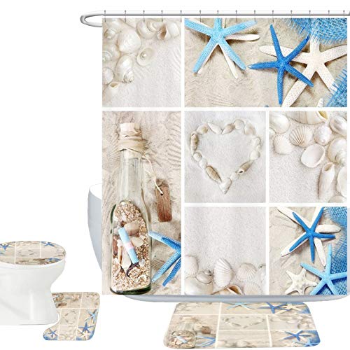 Amagical Blue Starfish Seashell Conch 16 Piece Shower Curtain Bathroom Mat Set Wishing Bottle Love Stone Design Bath Mat Contour Mat Toilet Cover and Shower Curtain with 12 Hooks
