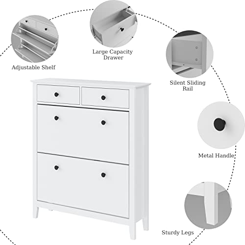 ECACAD Modern Shoe Storage Cabinet with 2 Flip Drawers & 2 Pull-Out Drawers, Wood 3-Tier Shoe Rack Organizer for Entryway, Bedroom, Hallway, White (35”W x 10”D x 41.1”H)