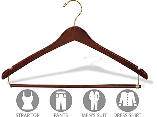 Wooden Curved Suit Hanger w/Locking Bar, Walnut Finish with Brass Hardware, Box of 25 by The Great American Hanger Company