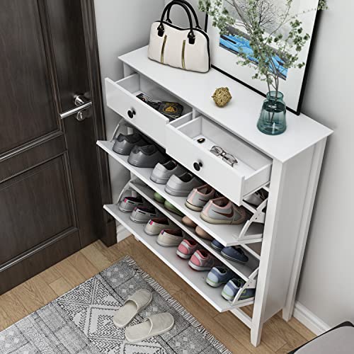 ECACAD Modern Shoe Storage Cabinet with 2 Flip Drawers & 2 Pull-Out Drawers, Wood 3-Tier Shoe Rack Organizer for Entryway, Bedroom, Hallway, White (35”W x 10”D x 41.1”H)