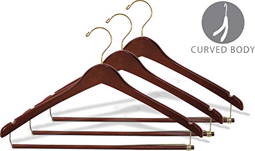 Wooden Curved Suit Hanger w/Locking Bar, Walnut Finish with Brass Hardware, Box of 25 by The Great American Hanger Company