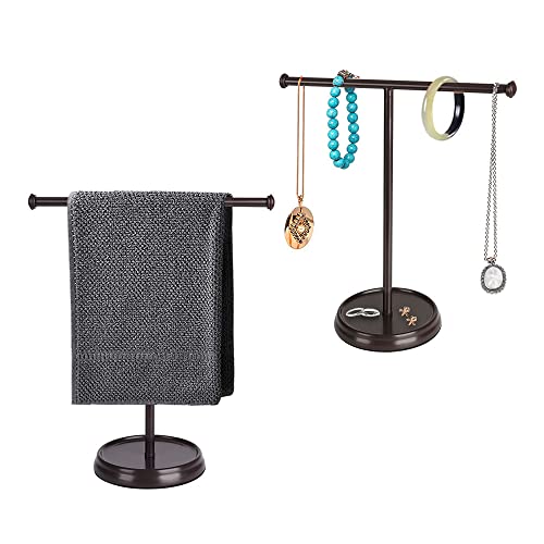 ALUCSET 2 Pack Metal Modern Hand Towel Holder Rack Stand with Base for Bathroom Kitchen Vanity Countertops to Display and Store Small Towels or Washcloths (Coffee, Set of 2)