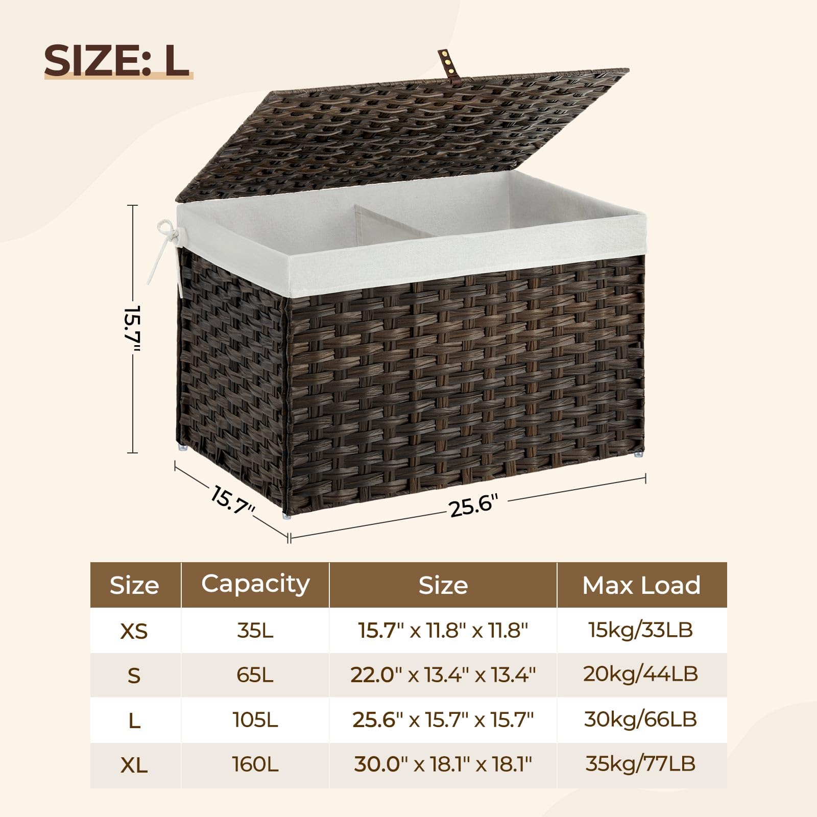 GREENSTELL Storage Basket with Lid, 105L Large Wicker Basket with Lid, Handwoven Blanket Storage Basket with Handles, Removable Cotton Liner, Metal Frame, Foldable for Bedroom, Laundry Room, Brown