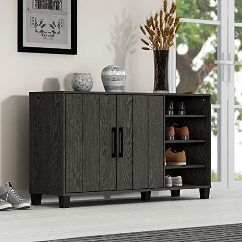 Galano 16 Pair Lucca 2 Door Shoe Storage Cabinet with Open Shelf and Doors β Shoe Rack - Shoe Storage Entryway β Shoe Organizer for Home and Office - Dark Grey Oak