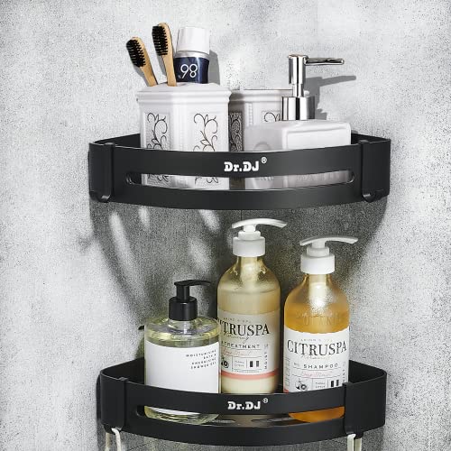 Dr.DJ Matte Black Corner Shower Shelf,Corner Shower Caddy, Adhesive Bathroom Shelf Wall Mounted,No Drilling Shower Shelf for Inside Shower,With 4 Hooks,For Bathroom,Kitchen,Restroom (2 PACK)
