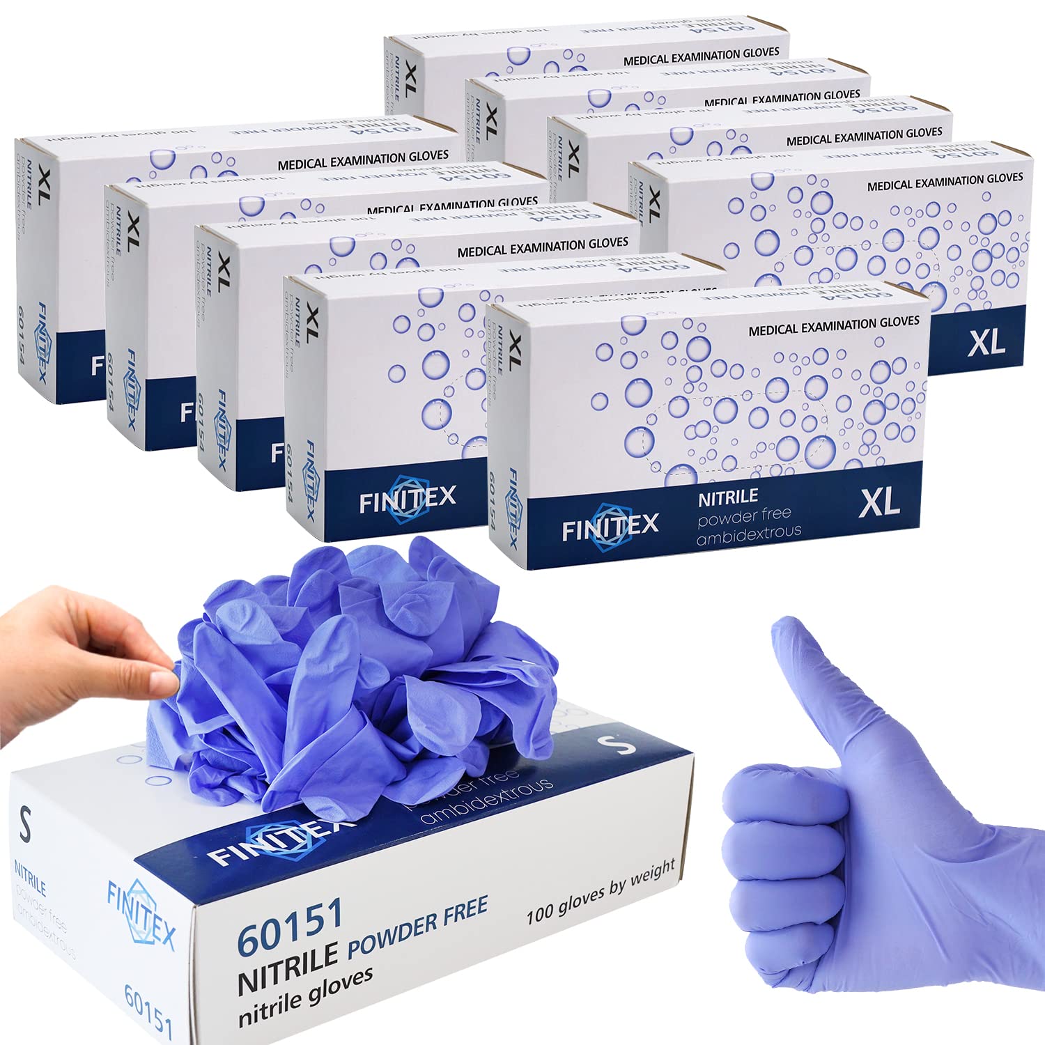 FINITEX Disposable Nitrile Exam Gloves 1000 PCS - 3.2mil Ice Blue Powder-free Latex-Free Gloves Examination Home Cleaning Food Gloves (S)