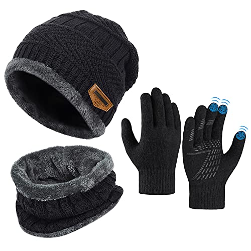 Kid Hat Scarf Gloves Set - Winter Knit Beanie Cap Neck Warmer Touch Screen Mitten Boy Girl 5-10 Year