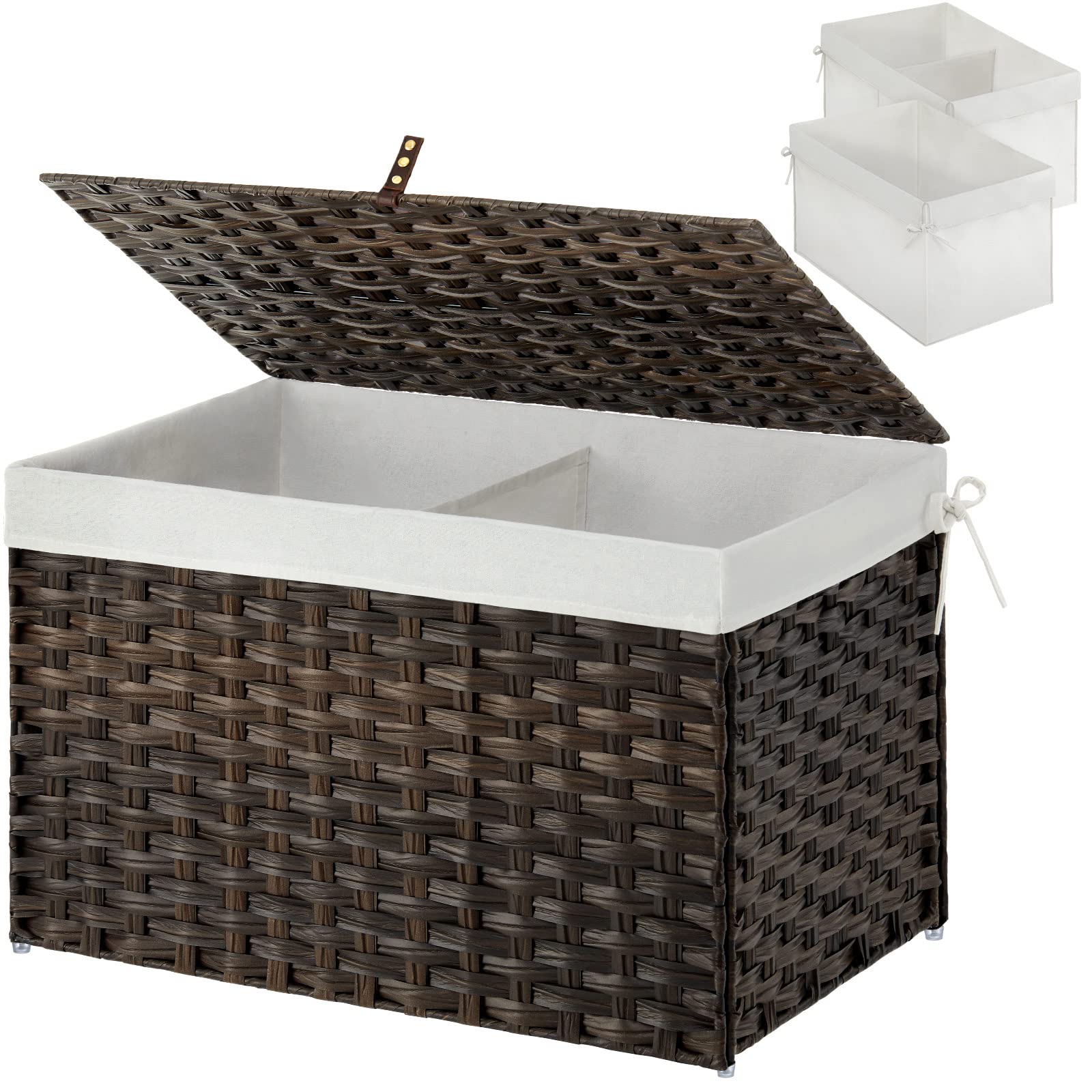 GREENSTELL Storage Basket with Lid, 105L Large Wicker Basket with Lid, Handwoven Blanket Storage Basket with Handles, Removable Cotton Liner, Metal Frame, Foldable for Bedroom, Laundry Room, Brown