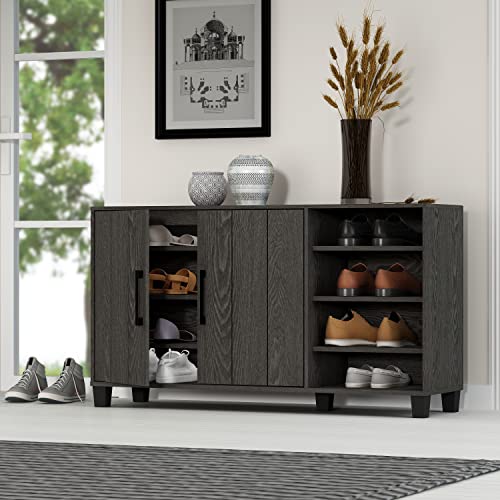 Galano 16 Pair Lucca 2 Door Shoe Storage Cabinet with Open Shelf and Doors β Shoe Rack - Shoe Storage Entryway β Shoe Organizer for Home and Office - Dark Grey Oak