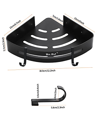 Dr.DJ Matte Black Corner Shower Shelf,Corner Shower Caddy, Adhesive Bathroom Shelf Wall Mounted,No Drilling Shower Shelf for Inside Shower,With 4 Hooks,For Bathroom,Kitchen,Restroom (2 PACK)
