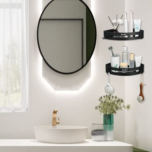 Dr.DJ Matte Black Corner Shower Shelf,Corner Shower Caddy, Adhesive Bathroom Shelf Wall Mounted,No Drilling Shower Shelf for Inside Shower,With 4 Hooks,For Bathroom,Kitchen,Restroom (2 PACK)