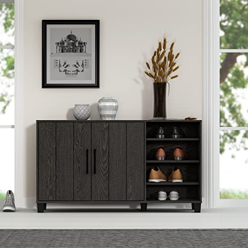 Galano 16 Pair Lucca 2 Door Shoe Storage Cabinet with Open Shelf and Doors β Shoe Rack - Shoe Storage Entryway β Shoe Organizer for Home and Office - Dark Grey Oak