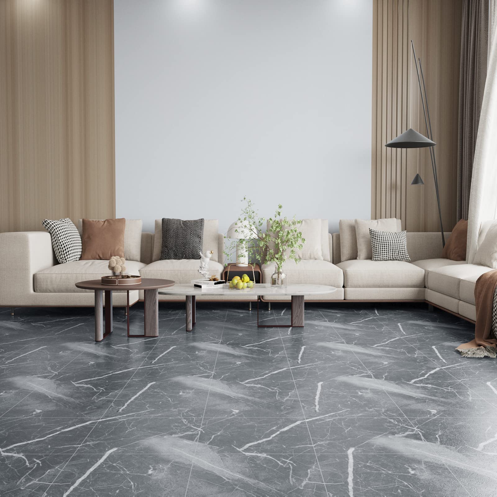 VEELIKE 24 Pack Grey Marble Floor Tiles Peel and Stick Waterproof Vinyl Flooring 12''x12'' Self Adhesive Removable Stick On Grey Vinyl Floor Tiles Stickers for Bathroom Kitchen Bedroom Basement
