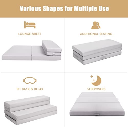 KOMFOTT 4- Inch Tri Folding Mattress Full XL Size, Foam Mattress with Removable & Washable Cover, Foldable Guest Sofa Bed Sleeper, Gray