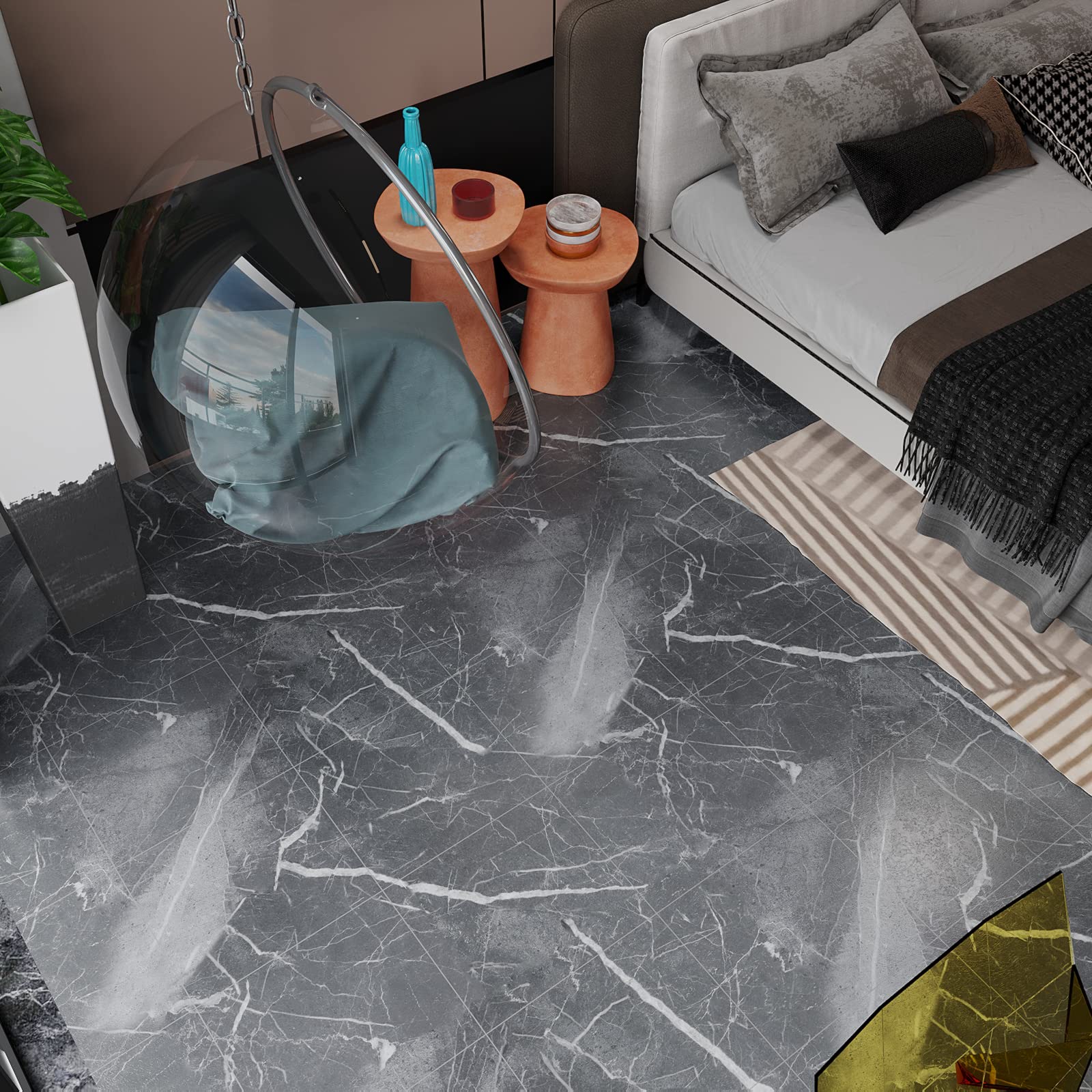 VEELIKE 24 Pack Grey Marble Floor Tiles Peel and Stick Waterproof Vinyl Flooring 12''x12'' Self Adhesive Removable Stick On Grey Vinyl Floor Tiles Stickers for Bathroom Kitchen Bedroom Basement