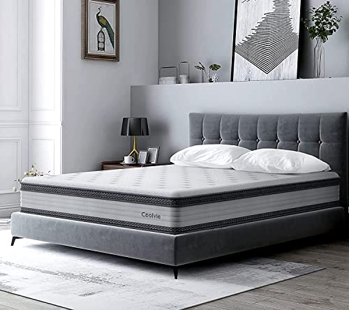 Coolvie Queen Mattress, 10 Inch Comfy Cool Memory Foam and Innerspring Hybrid Mattress, with Individually Pocket Coils, Cushioning Euro Top and Breathable Hypoallergenic Knitted Cover