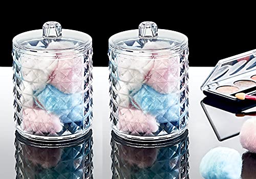 Bremen Home 2 Pack Cotton Ball Swab Pad Holders Diamond Design Acrylic Qtips Jar, Floss Picks, Bath Salts, Makeup, Bathroom Organizer Storage Dispenser