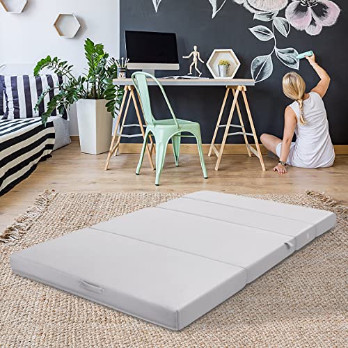 KOMFOTT 4- Inch Tri Folding Mattress Full XL Size, Foam Mattress with Removable & Washable Cover, Foldable Guest Sofa Bed Sleeper, Gray