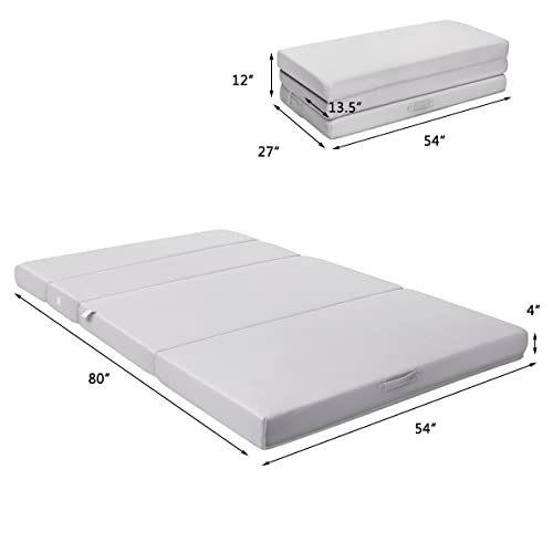 KOMFOTT 4- Inch Tri Folding Mattress Full XL Size, Foam Mattress with Removable & Washable Cover, Foldable Guest Sofa Bed Sleeper, Gray