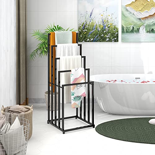 HAHRIR Black Metal 5-Tiers Stainless Steel Towel Racks ,Freestanding Towel Holder for Bathroom Accessories Organizer,for Bath Storage & Hand Towels&Washcloths& Blanket Rack