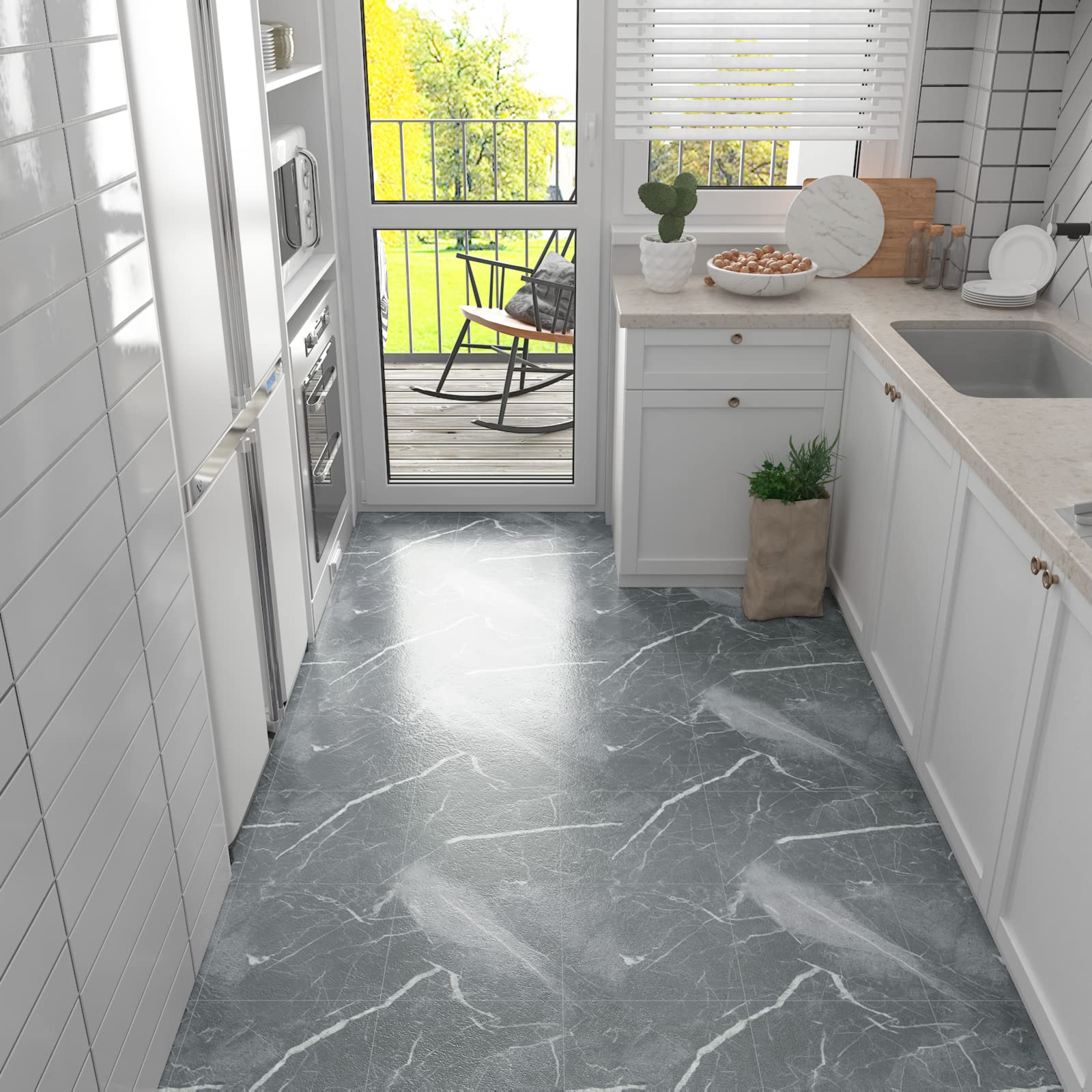 VEELIKE 24 Pack Grey Marble Floor Tiles Peel and Stick Waterproof Vinyl Flooring 12''x12'' Self Adhesive Removable Stick On Grey Vinyl Floor Tiles Stickers for Bathroom Kitchen Bedroom Basement