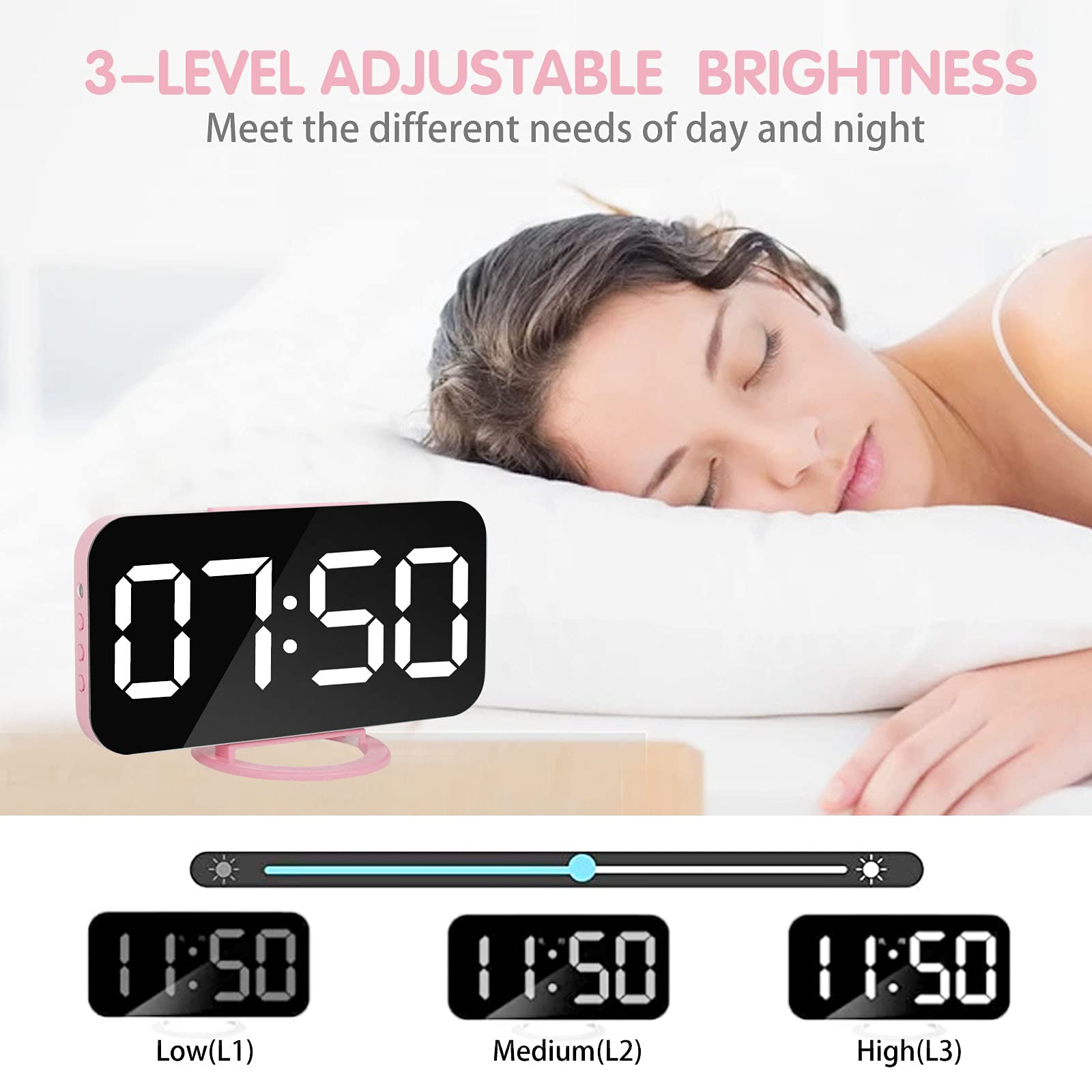 Miowachi Pink Digital Alarm Clock,Large Mirrored LED Clock,Snooze,2 USB Charger Ports Desk Alarm Clocks for Girls School (Pink)