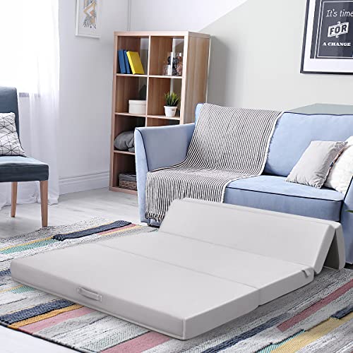 KOMFOTT 4- Inch Tri Folding Mattress Full XL Size, Foam Mattress with Removable & Washable Cover, Foldable Guest Sofa Bed Sleeper, Gray
