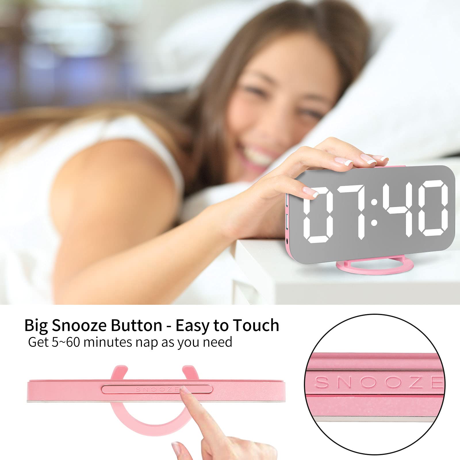 Miowachi Pink Digital Alarm Clock,Large Mirrored LED Clock,Snooze,2 USB Charger Ports Desk Alarm Clocks for Girls School (Pink)