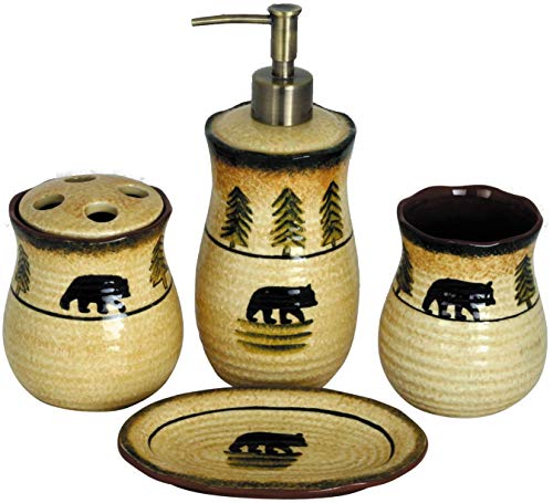 Paseo Road by HiEnd Accents | Rustic Bear 4 Piece Ceramic Bathroom Set with Soap Lotion Dispenser, Tumbler, Toothbrush Holder, Soap Dish, Rustic Cabin Lodge Style