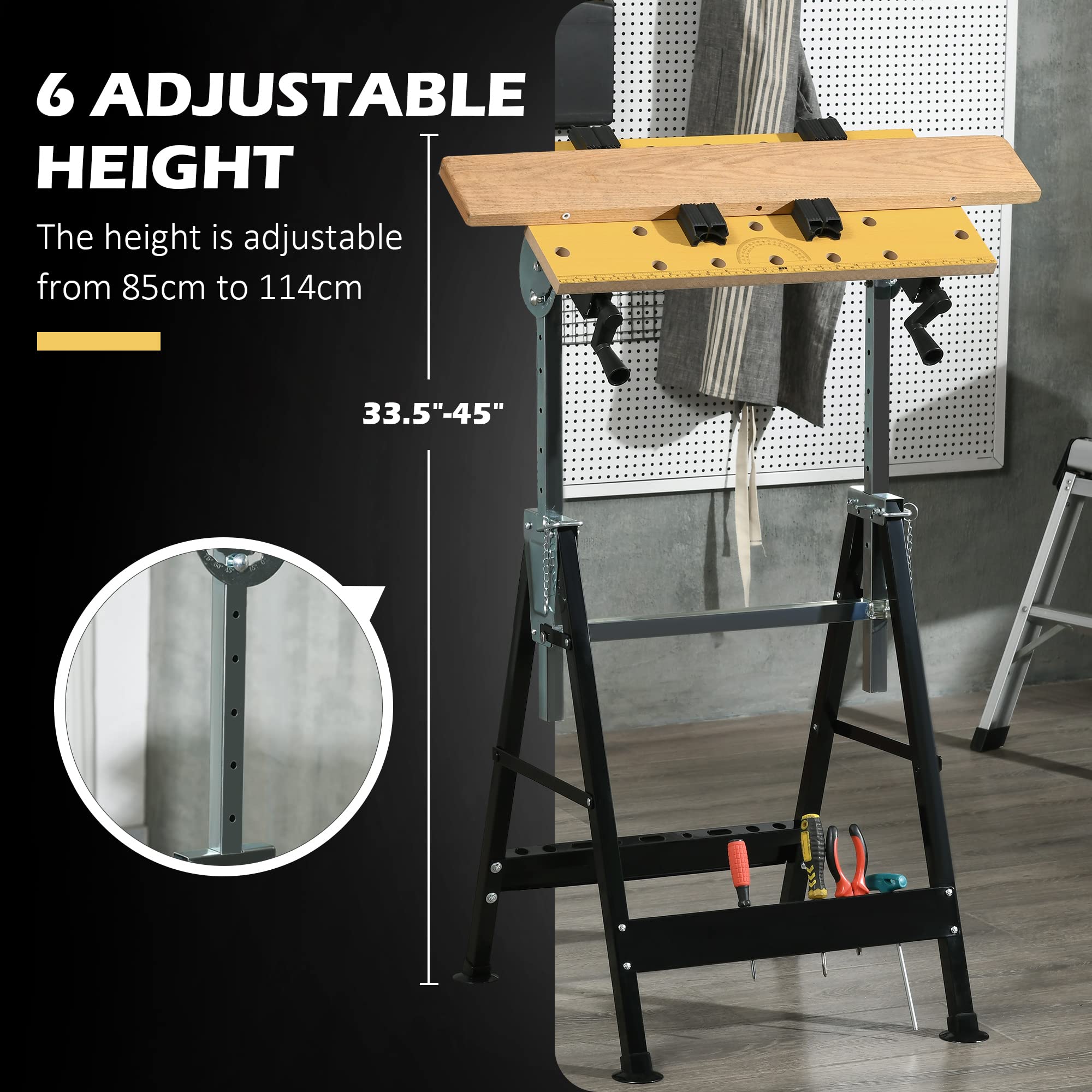 HOMCOM Work Bench Tool Stand with Adjustable Height and Angle, Carpenter Saw Table with 4 Clamps, Steel Frame, 220lbs Capacity