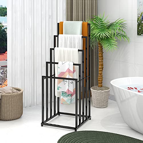 HAHRIR Black Metal 5-Tiers Stainless Steel Towel Racks ,Freestanding Towel Holder for Bathroom Accessories Organizer,for Bath Storage & Hand Towels&Washcloths& Blanket Rack