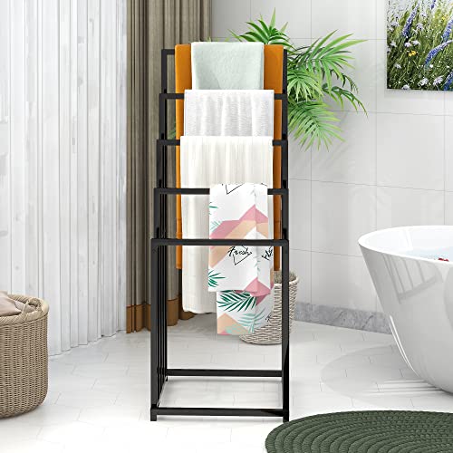 HAHRIR Black Metal 5-Tiers Stainless Steel Towel Racks ,Freestanding Towel Holder for Bathroom Accessories Organizer,for Bath Storage & Hand Towels&Washcloths& Blanket Rack