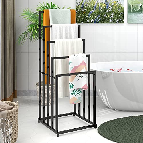 HAHRIR Black Metal 5-Tiers Stainless Steel Towel Racks ,Freestanding Towel Holder for Bathroom Accessories Organizer,for Bath Storage & Hand Towels&Washcloths& Blanket Rack